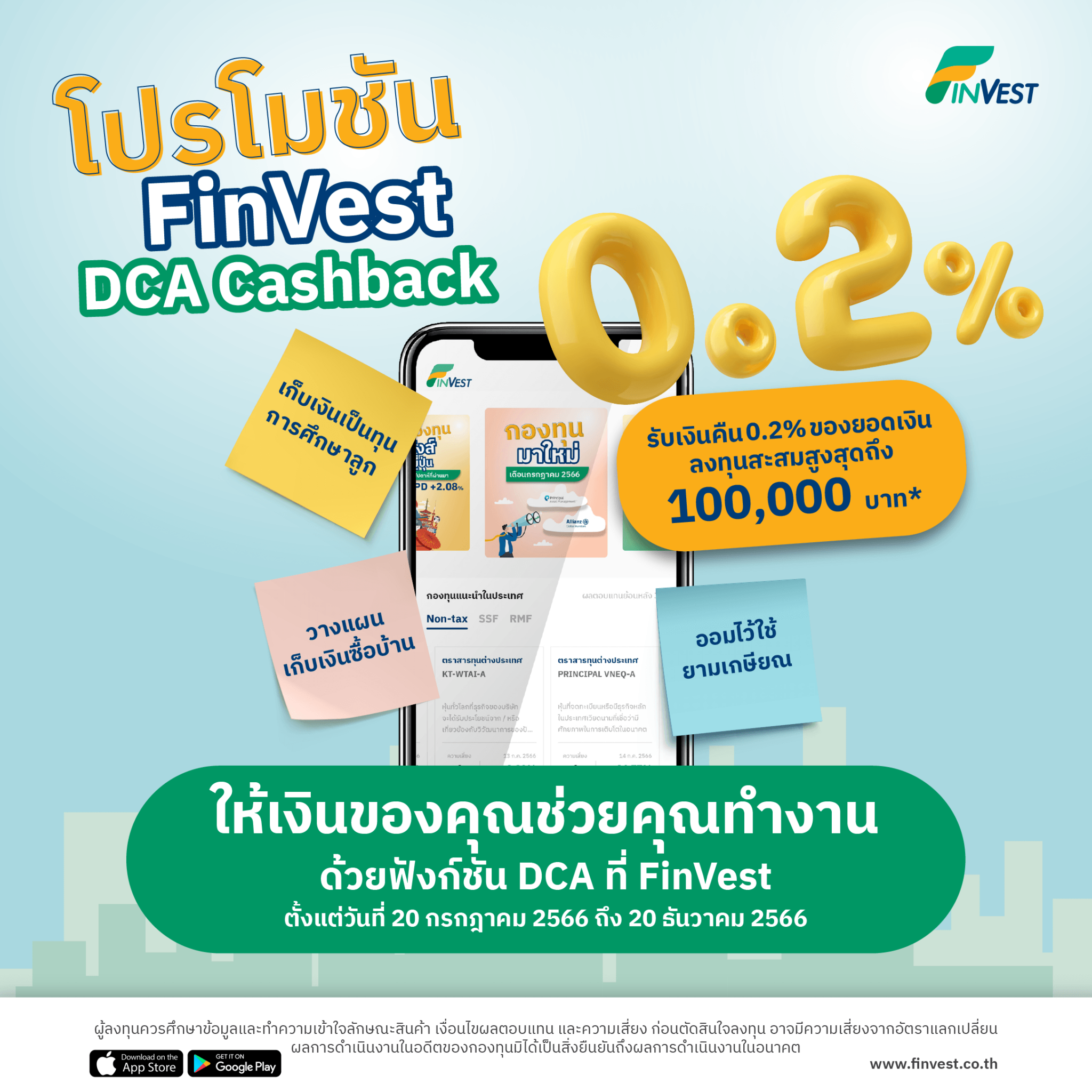 FinVest DCA Cashback รับเงินคืน 0.2%* สูงสุดถึง 100,000 บาท